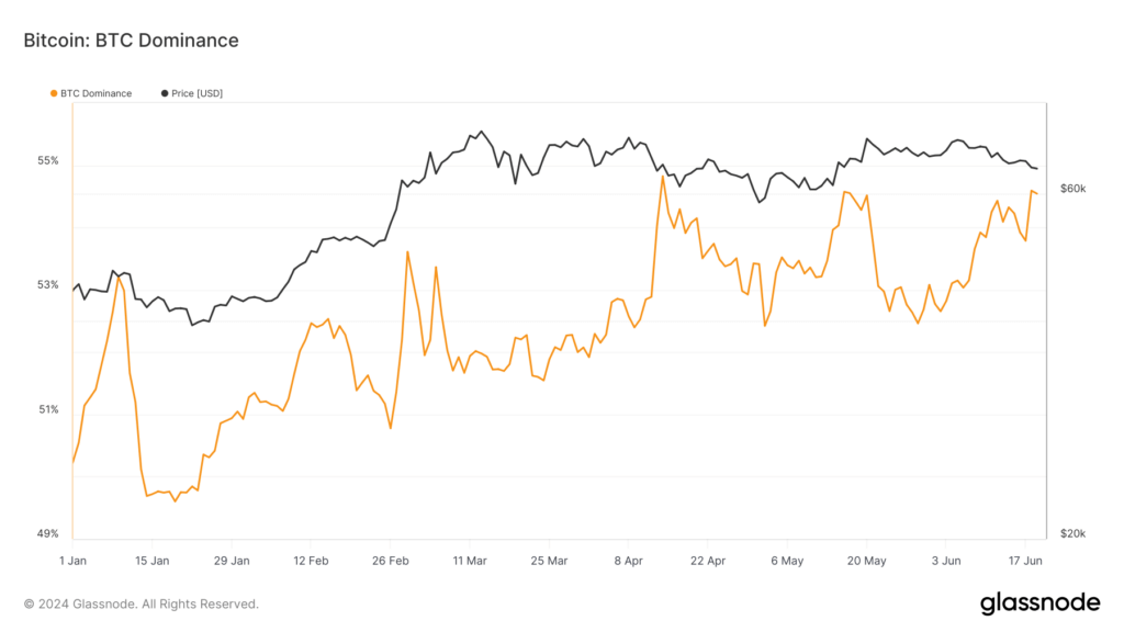 Bitcoin dominance rebounds to 55% by mid-2024 | CryptoSlate